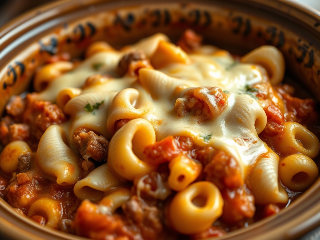 Slow Cooker Ground Beef and Tomato Sauce Pasta Casserole with Cheesy ...